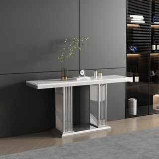 Modern Rectangular Marble Console Table, 0.71" Thick Marble Top, Double ...